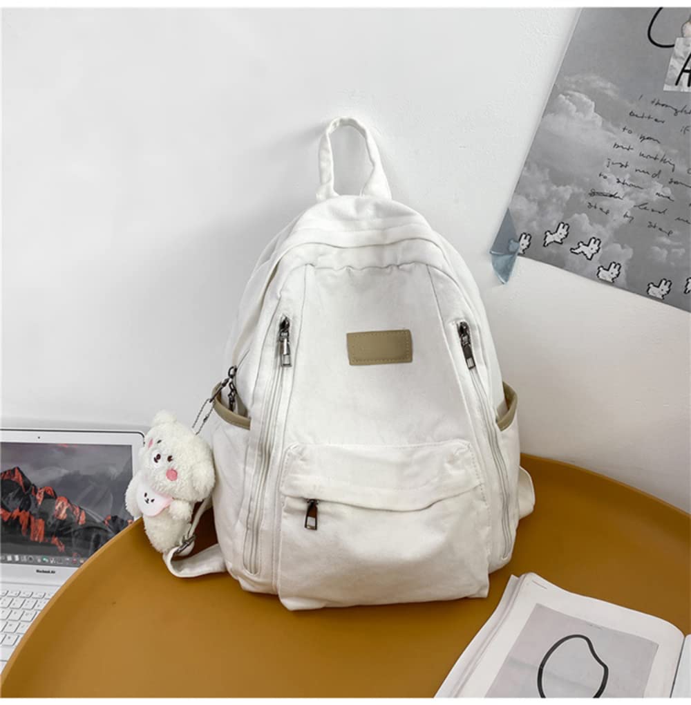 CHERSE Aesthetic Kawaii Backpack to school large capacity Lovely Aesthetic Student canvas Bookbags with accessories (White)