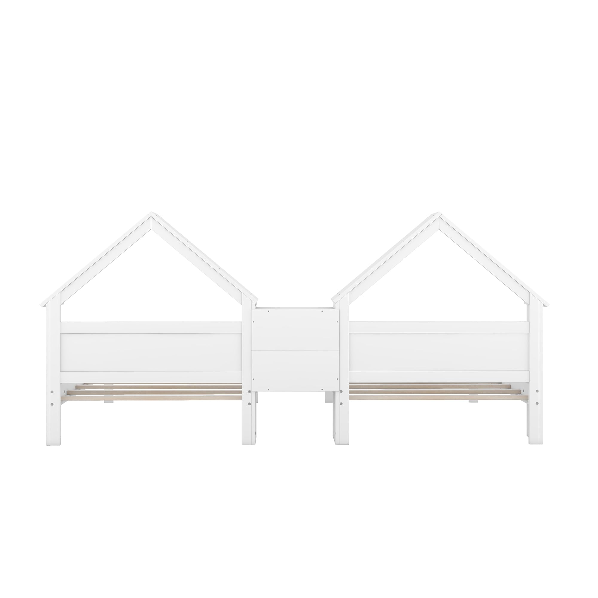 Harper & Bright Designs Double Twin Bed Frames for Kids,Wood Double Twin House Bed with House-Shaped Headboard and a Built-in Nightstand, Side by Side Montessori Twin Bed for Kids Girls Boys,White