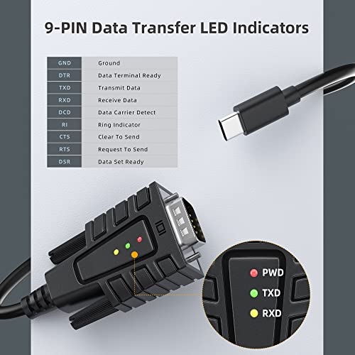 DriverGenius USB C to Serial RS232 DB9 Adapter Cable with 3 x LED Indicators - Prolific PL2303 - Compatible for Windows 11, macOS Sequoia 15.1.1 (USB232A-B-C, 3ft/1m)