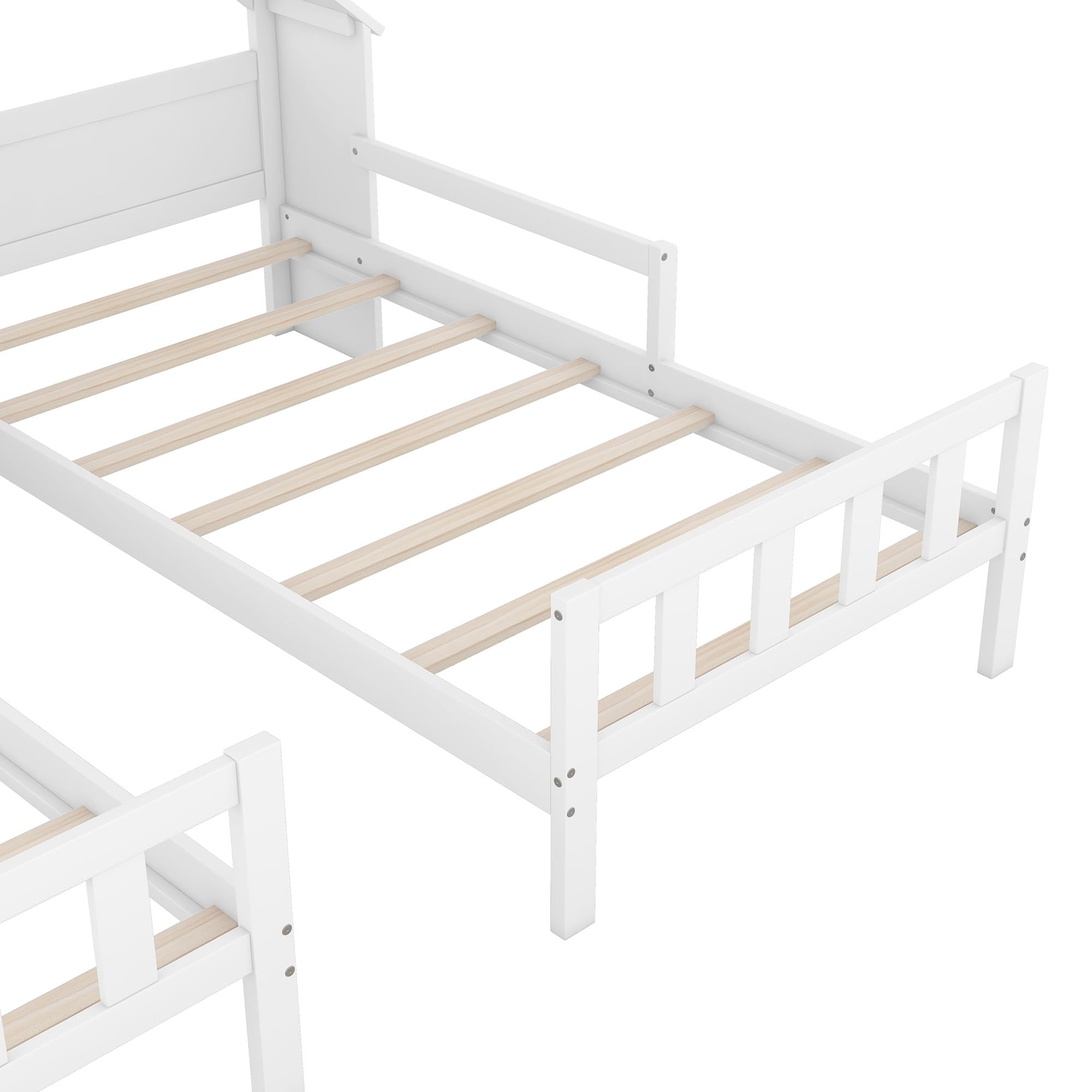 Harper & Bright Designs Double Twin Bed Frames for Kids,Wood Double Twin House Bed with House-Shaped Headboard and a Built-in Nightstand, Side by Side Montessori Twin Bed for Kids Girls Boys,White
