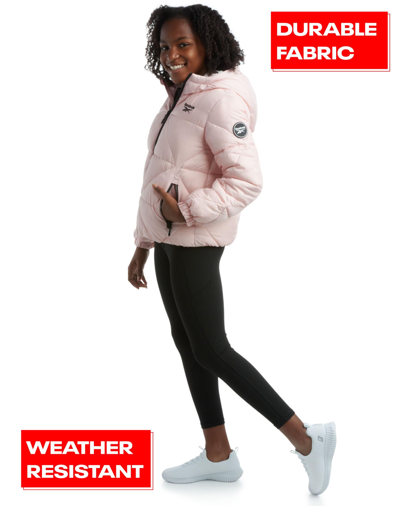 Reebok Girls' Winter Coat - Heavyweight Quilted Sherpa Fur Lined Cropped Puffer Parka - Casual Jacket for Girls (4-16), Size 10-12, Blush