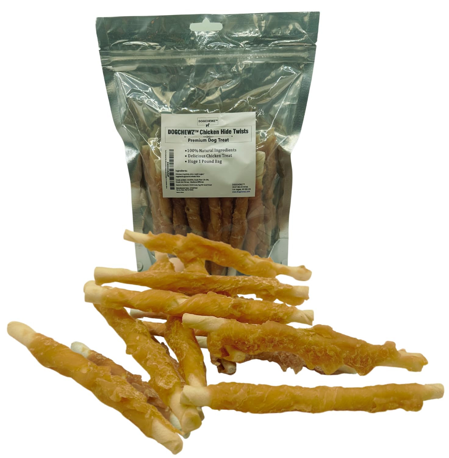 DOGCHEWZ™ Premium Chicken Wrapped Rawhide Twists for Dogs - Size 1 LB Bag (45-50 Pieces) - All Natural Human Grade Dog Chew - No Artificial Flavors or Preservatives, Whole Dehydrated Chicken