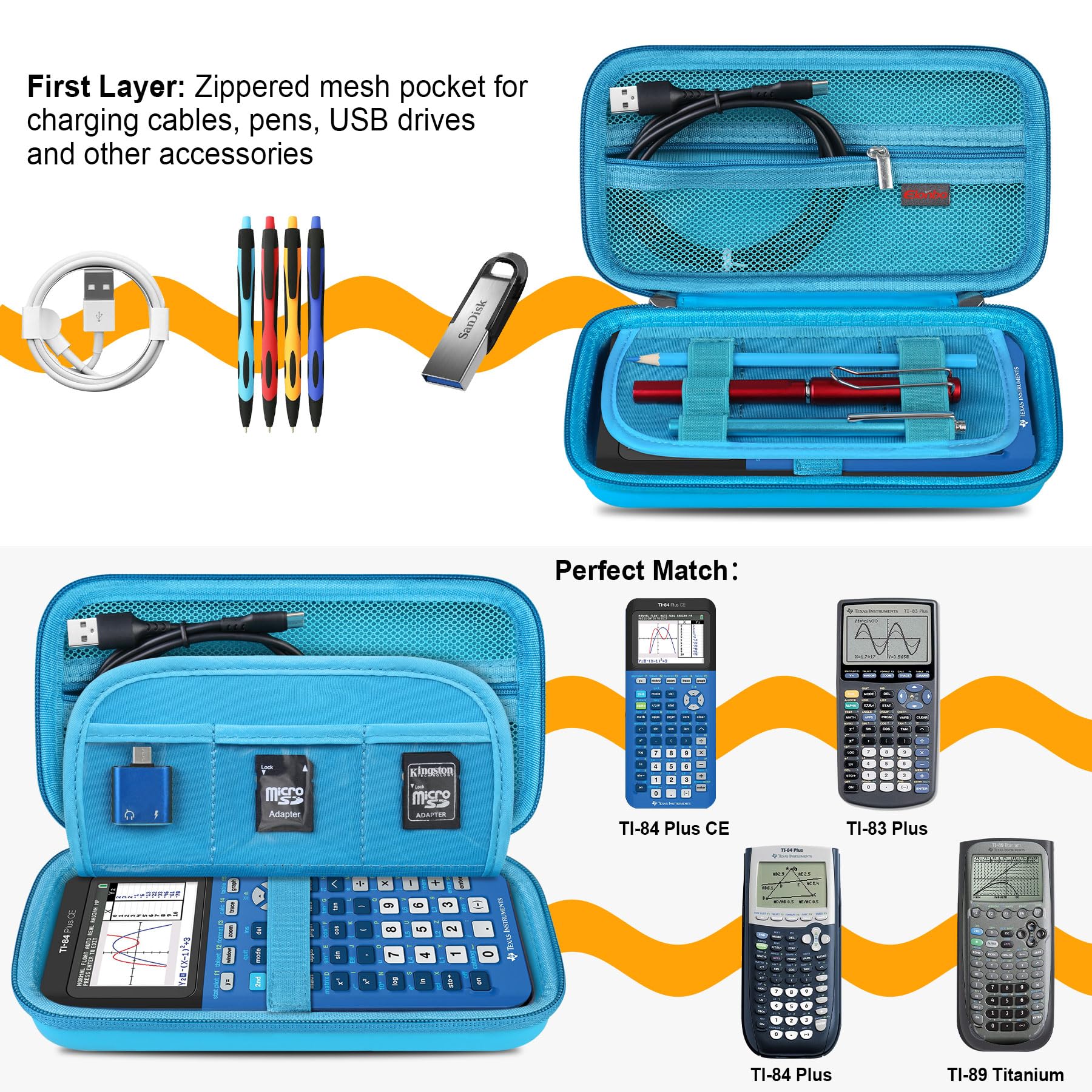 Elonbo Carrying Case for Texas Instruments TI-84 Plus CE/TI-84 Plus/TI-83 Plus/TI-83 Plus CE Color Graphing Calculator, Extra Mesh Pocket Fits Charging Cable Charger Manual, Blue