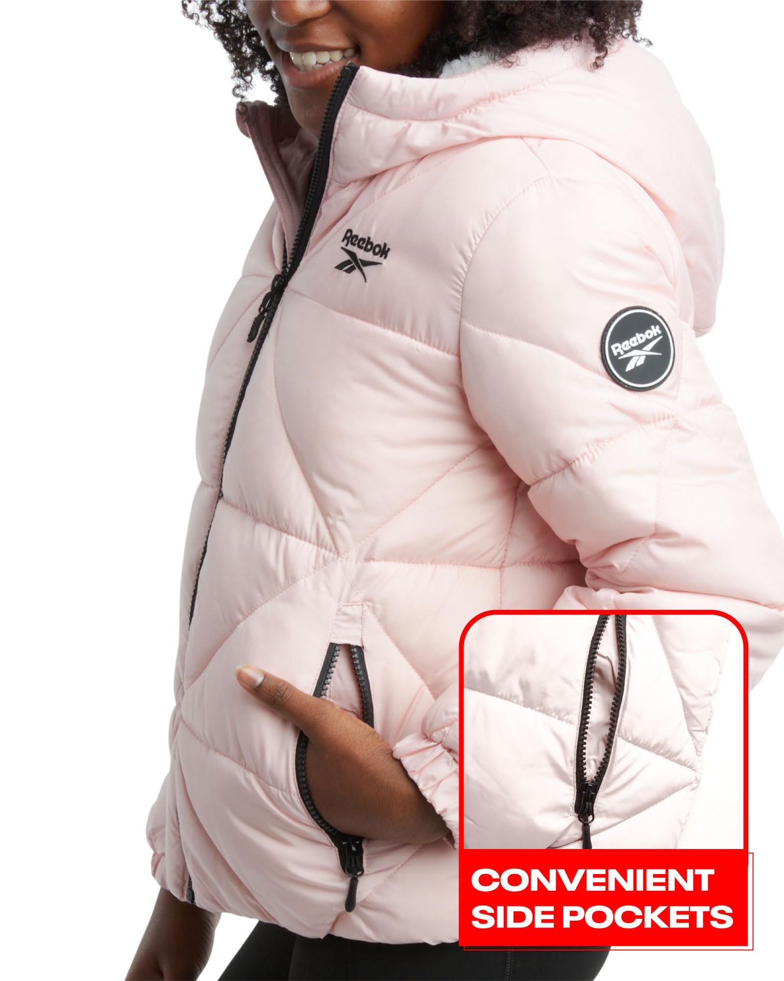 Reebok Girls' Winter Coat - Heavyweight Quilted Sherpa Fur Lined Cropped Puffer Parka - Casual Jacket for Girls (4-16), Size 10-12, Blush