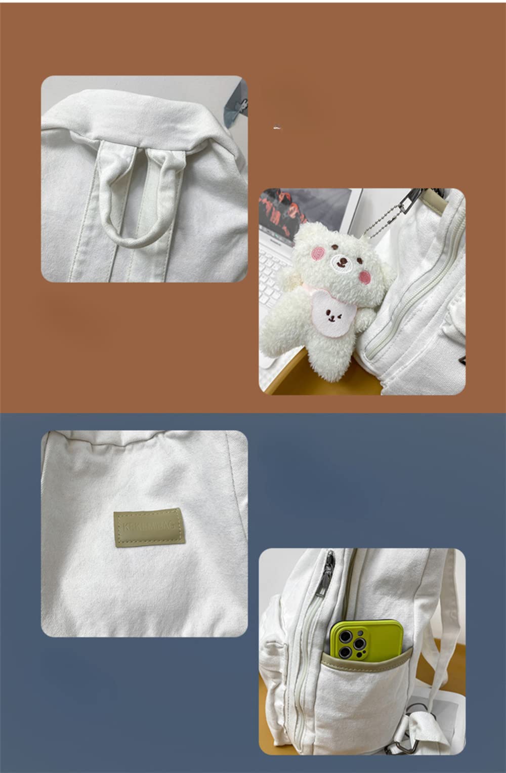 CHERSE Aesthetic Kawaii Backpack to school large capacity Lovely Aesthetic Student canvas Bookbags with accessories (White)
