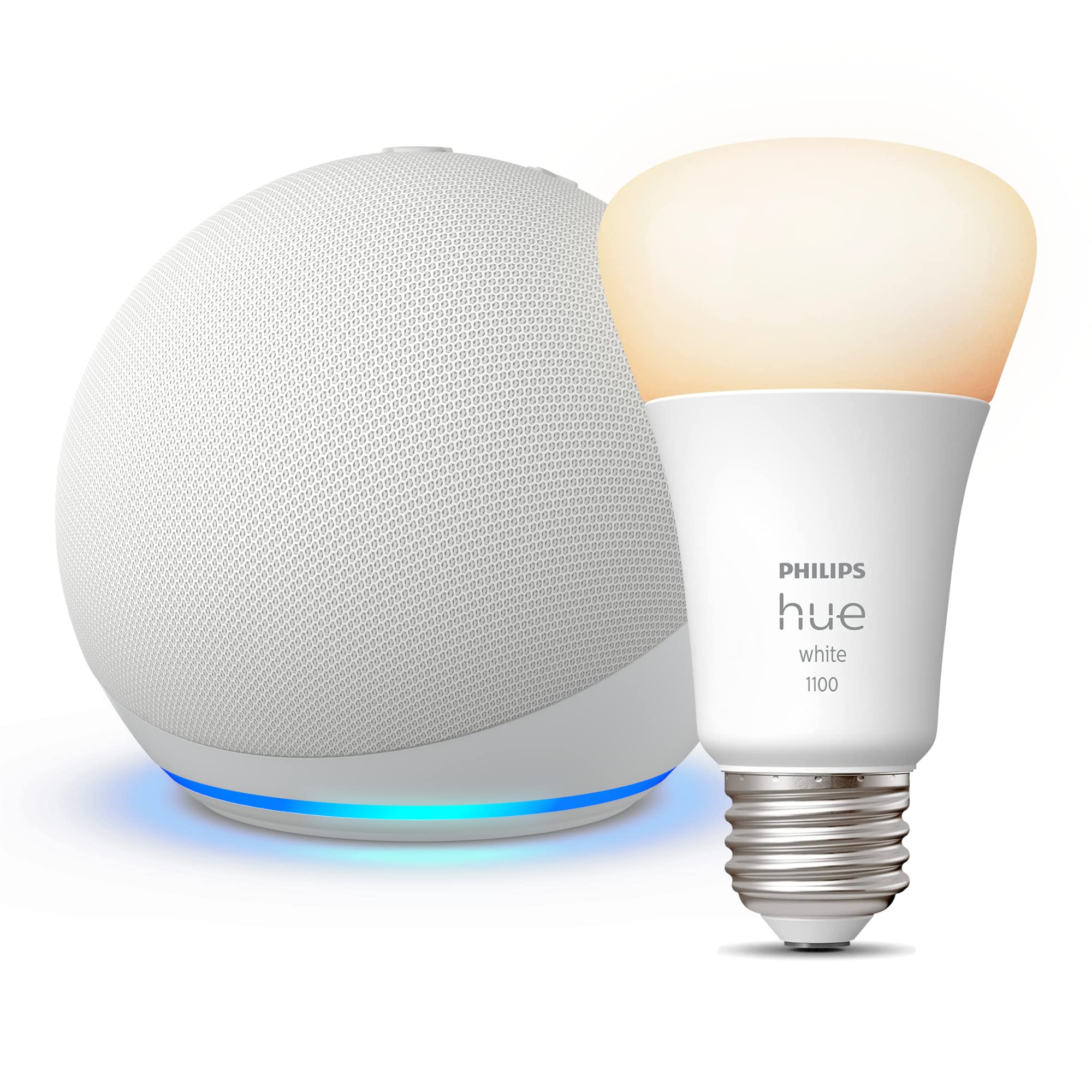 All-New Echo Dot (5th Gen, 2022 release) | Smart speaker with Alexa | Glacier White + Philips Hue White A19 Medium Lumen Smart Bulb, 1100 Lumens