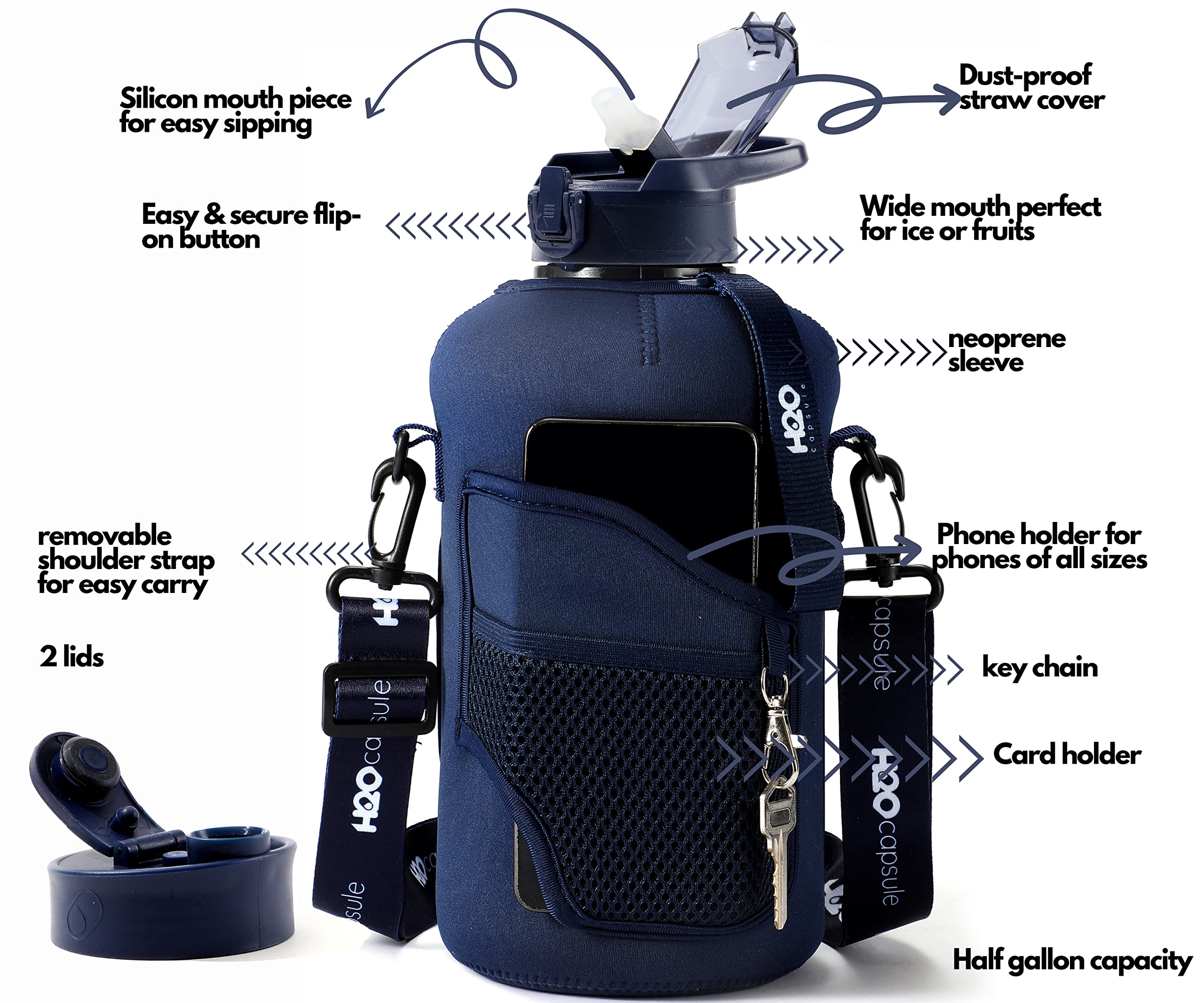 H2O Capsule 2.2L Half Gallon Water Bottle with Storage Sleeve and Removable Straw β BPA Free Large Reusable Drink Container with Handle - Big Sports Jug, 2.2 Liter (74 Ounce), Navy Blue
