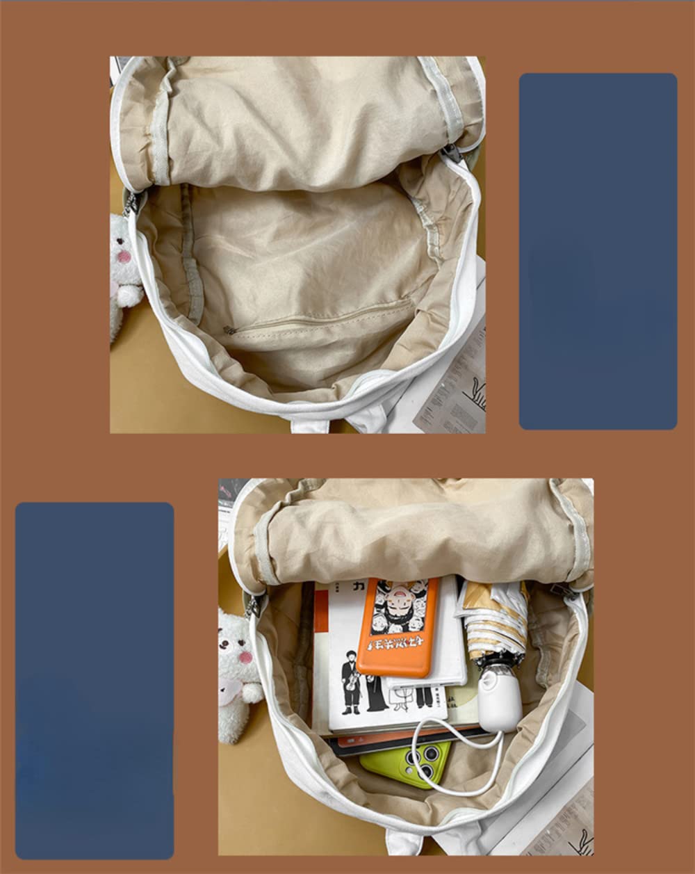 CHERSE Aesthetic Kawaii Backpack to school large capacity Lovely Aesthetic Student canvas Bookbags with accessories (White)