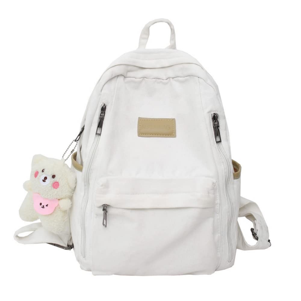 CHERSE Aesthetic Kawaii Backpack to school large capacity Lovely Aesthetic Student canvas Bookbags with accessories (White)