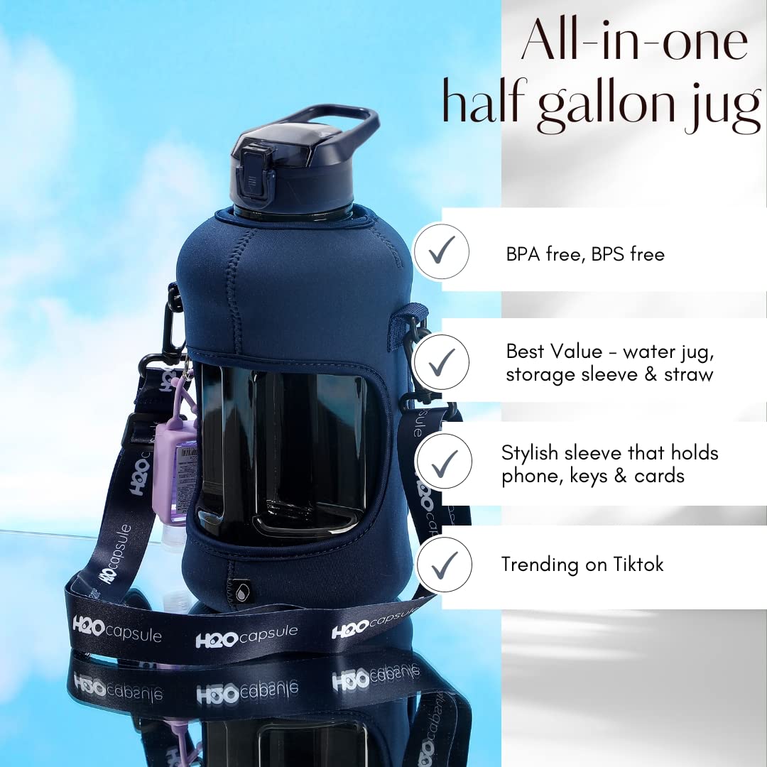 H2O Capsule 2.2L Half Gallon Water Bottle with Storage Sleeve and Removable Straw β BPA Free Large Reusable Drink Container with Handle - Big Sports Jug, 2.2 Liter (74 Ounce), Navy Blue