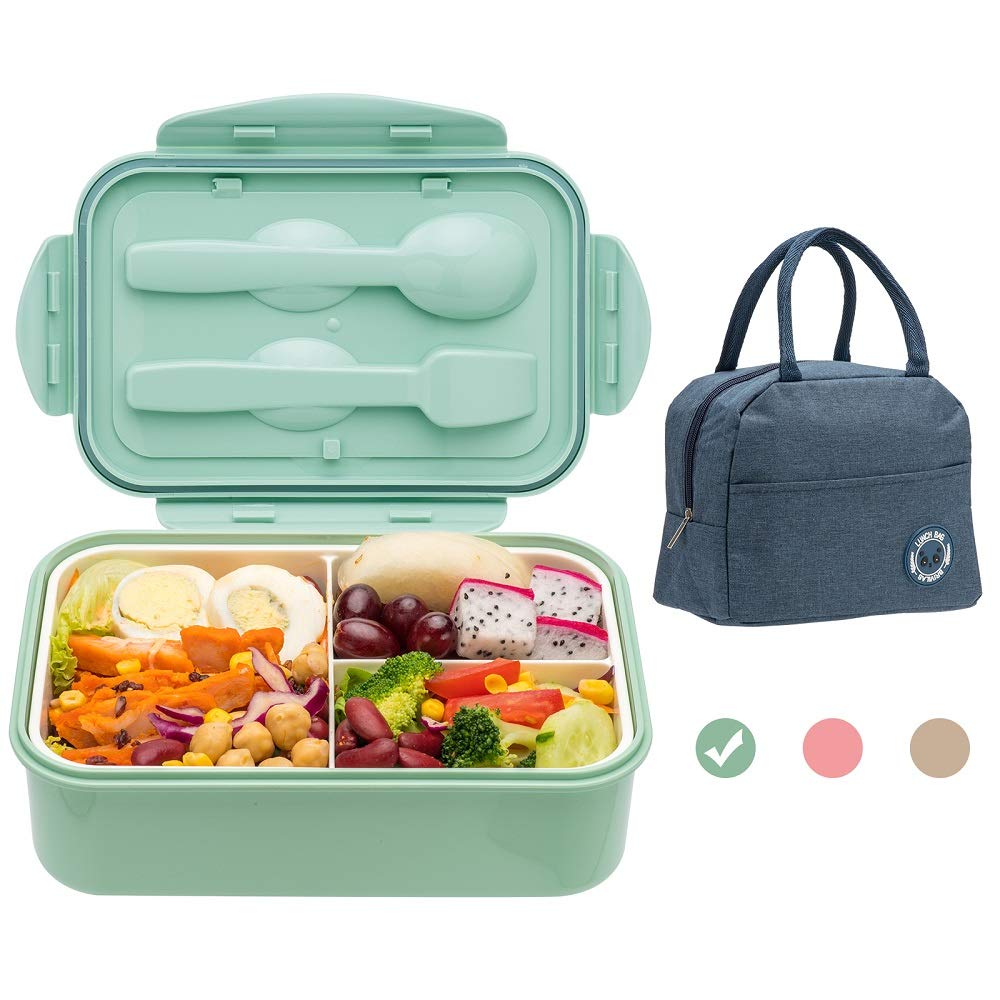 Bento Boxes for Adults, 1100 ML Bento Lunch Box For Kids Childrens With Utensils, Insulated Lunch Bag, Durable for On-the-Go Meal, BPA-Free and Food-Safe Materials(Green With Bag)