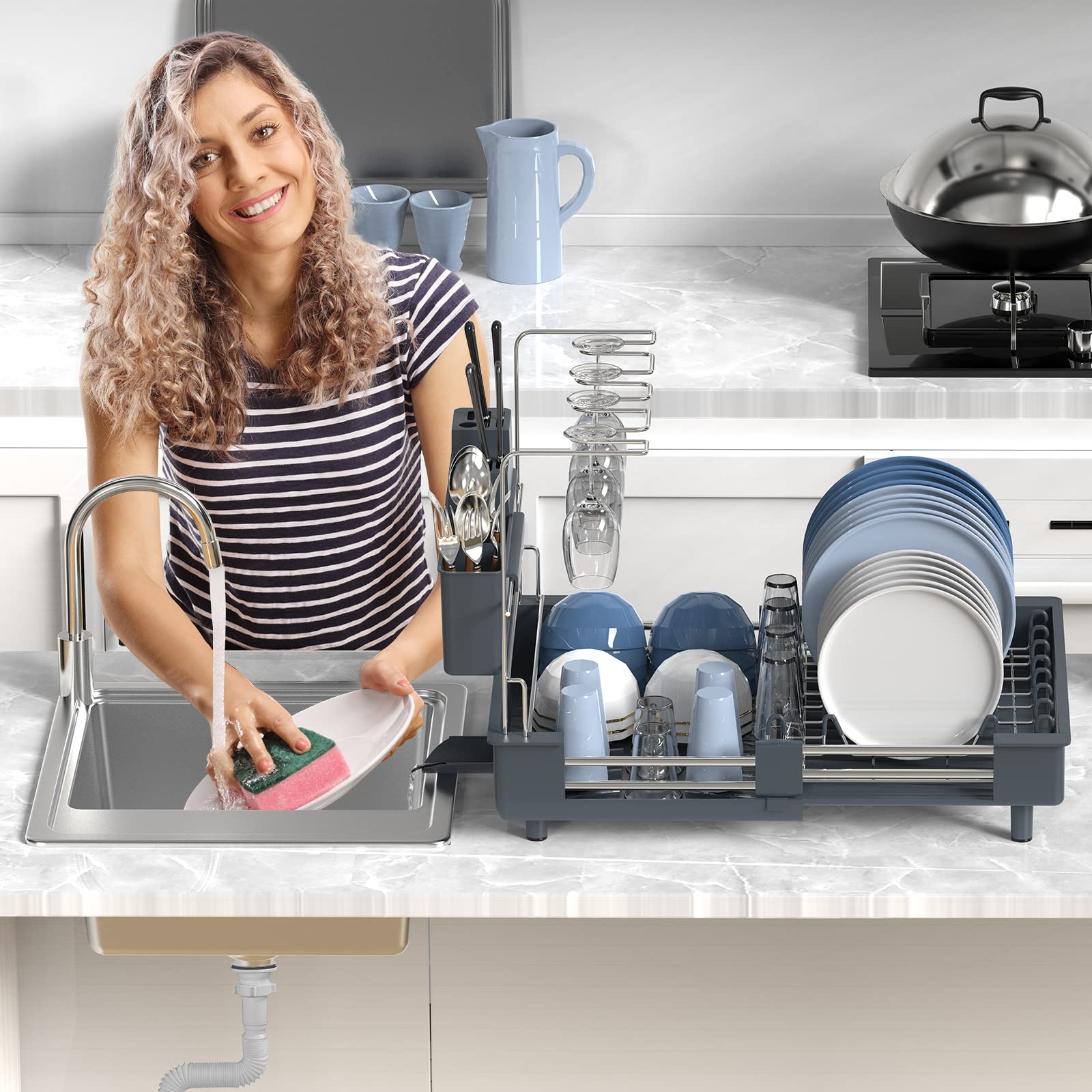 ROTTOGOON Dish Drying Rack, Stainless Steel Large Dish Rack, Expandable (12.8"-19.1") Dish Drainer with Swivel Spout, Utensil Holder, Cup Holder and Wine Glass Holder for Kitchen Counter Cabinet, Gray