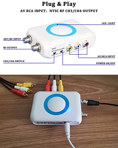 RF Modulator RCA Coaxial Adapter VHF Demodulator Converter w/Antenna (ANT) in/Out & Channel Switch for Roku Fire Stick PS3 PS4 PS5 DVD VCRs Cable Box AV Composite Video to Analog NTSC Coax Old TV