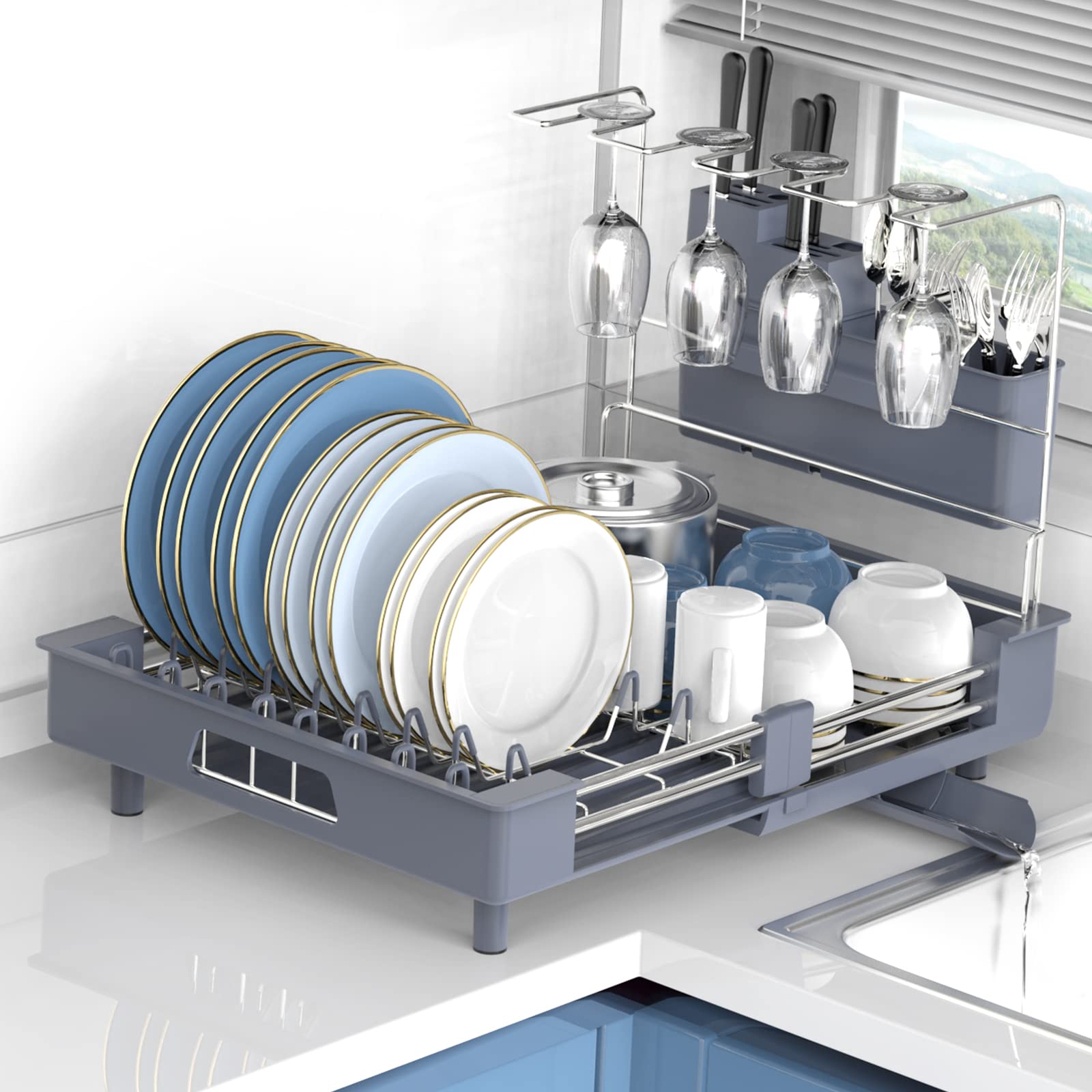 ROTTOGOON Dish Drying Rack, Stainless Steel Large Dish Rack, Expandable (12.8"-19.1") Dish Drainer with Swivel Spout, Utensil Holder, Cup Holder and Wine Glass Holder for Kitchen Counter Cabinet, Gray