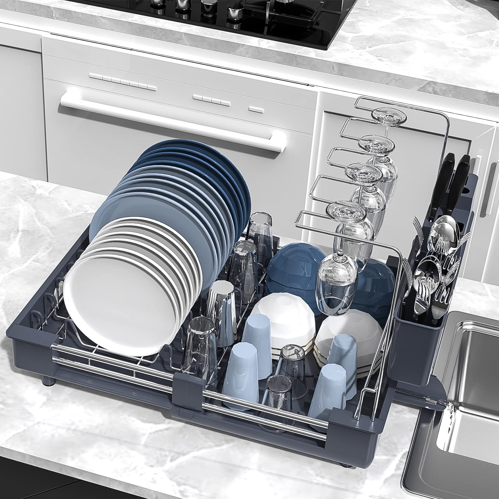 ROTTOGOON Dish Drying Rack, Stainless Steel Large Dish Rack, Expandable (12.8"-19.1") Dish Drainer with Swivel Spout, Utensil Holder, Cup Holder and Wine Glass Holder for Kitchen Counter Cabinet, Gray