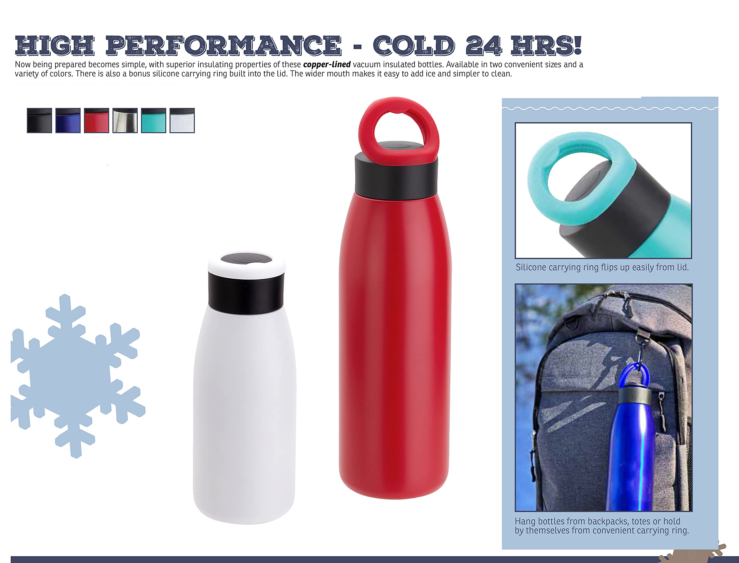 Premium Copper Coated Bottle, Double – Wall 12oz,18oz Actives Insulated Stainless Water Bottle with silicone carrying ring (BLUE, 18 OZ)