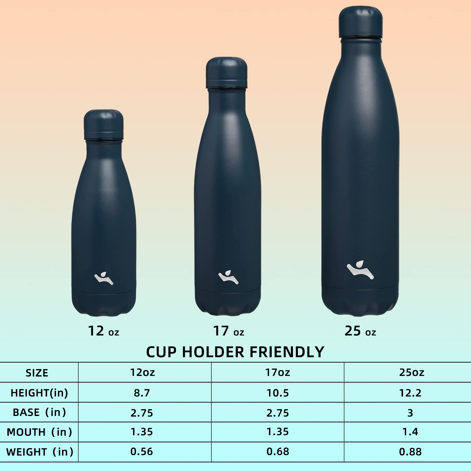 Konokyo Insulated Water Bottles,12 oz Double Wall Stainless Steel Vacumm Metal Flask for Sports Travel, Navy Blue