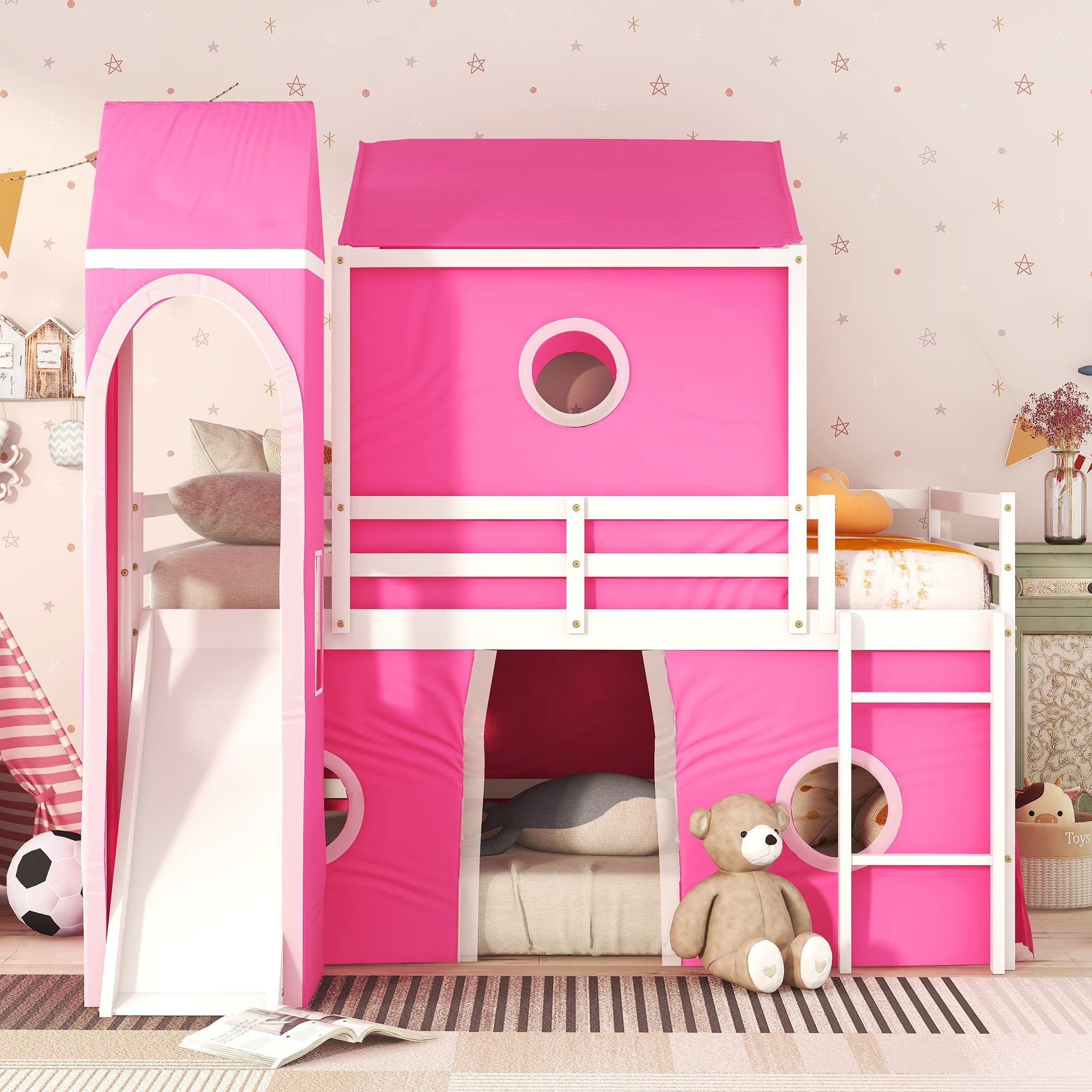 Merax Full Over Full House Bunk Bed, Kids Playhouse Bed, Solid Wood bunk Bed Frame with Slide Pink Tent and Tower, for Girls and Boys, Pink