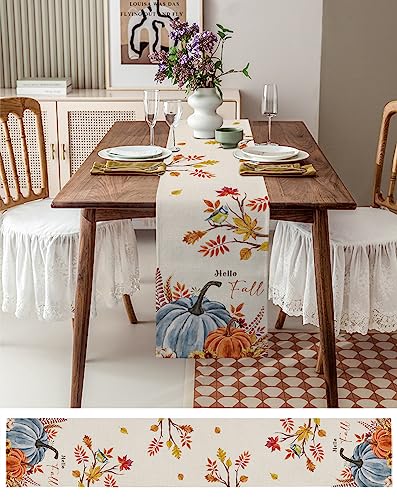 Hello Fall Table Runner 120 inch Long, Pumpkin Maple Leaf Thanksgiving Table Runners Burlap Dresser Scarves for Dining Coffee Table Party Holiday Farmhouse Autumn Harvest Seasonal Kitchen Decor