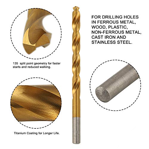 KIK Drill Bit Set- 13Pcs Titanium Coating High Speed Steel Twist Jobber Length for Wood Plastic Aluminum Alloy with Indexed Storage Case, 1/16"-1/4"