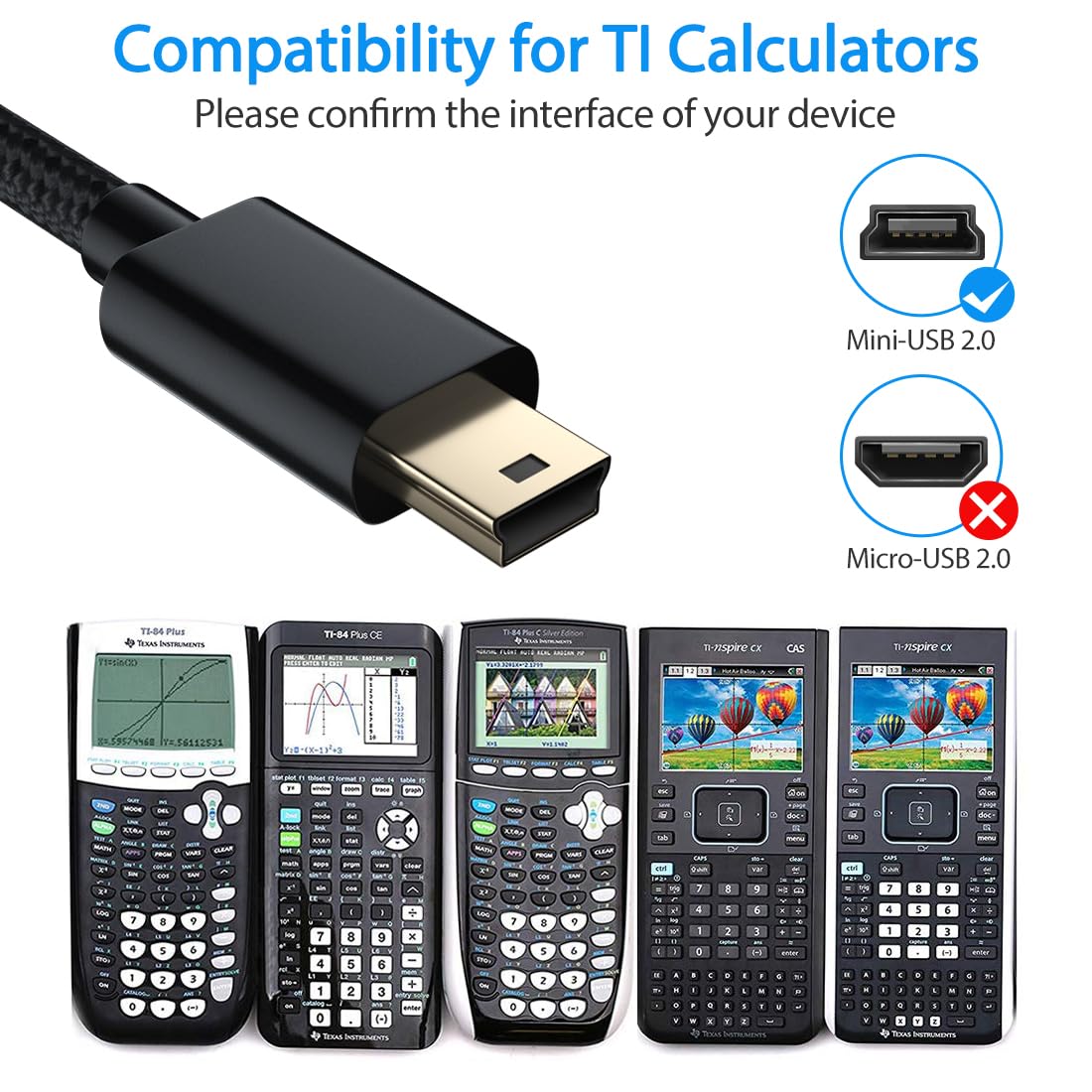 SCOVEE USB Power Cable Charging Cord for TI-84 Plus CE Calculators,TI-84 Plus C Silver Edition Graphing Calculators,TI-Nspire CX,TI Nspire CX CAS,TI 89, Data Charger for Texas Instruments Replacement