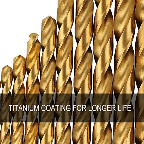 KIK Drill Bit Set- 13Pcs Titanium Coating High Speed Steel Twist Jobber Length for Wood Plastic Aluminum Alloy with Indexed Storage Case, 1/16"-1/4"