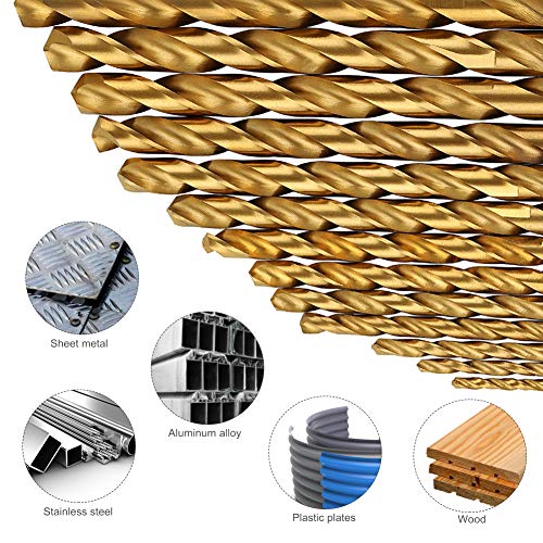 KIK Drill Bit Set- 13Pcs Titanium Coating High Speed Steel Twist Jobber Length for Wood Plastic Aluminum Alloy with Indexed Storage Case, 1/16"-1/4"