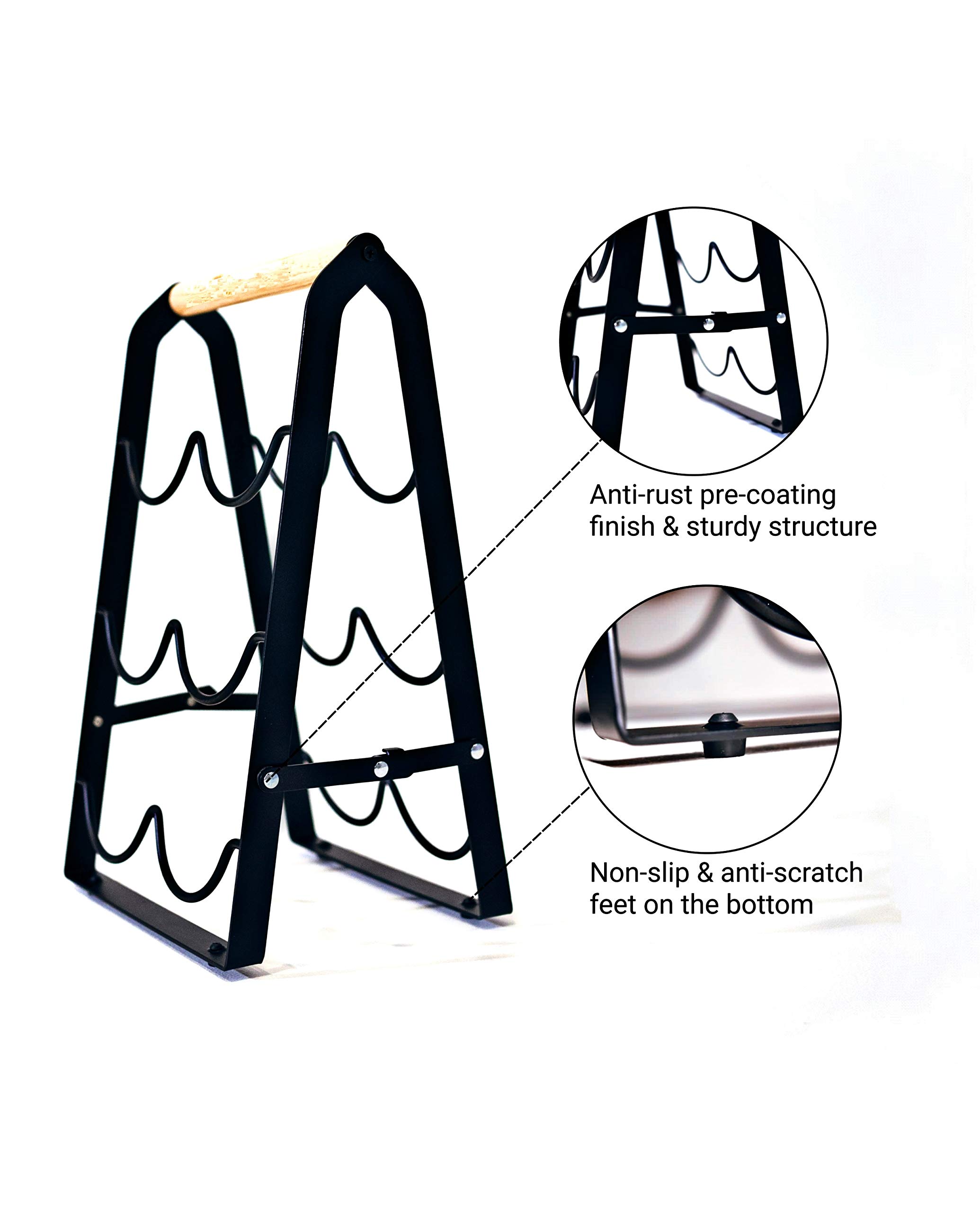 ARTES Countertop Wine Rack - Stackable Wine Holder for 6 Bottles - Metal Wine Racks for Pantry, Cabinet, Home Bar, Wine Cellar in a Three-Tiered Classic Design with Wooden Handle, Black