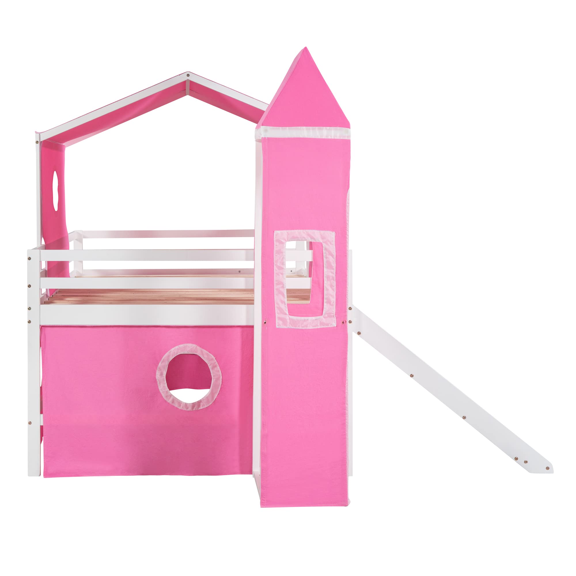 Merax Full Over Full House Bunk Bed, Kids Playhouse Bed, Solid Wood bunk Bed Frame with Slide Pink Tent and Tower, for Girls and Boys, Pink