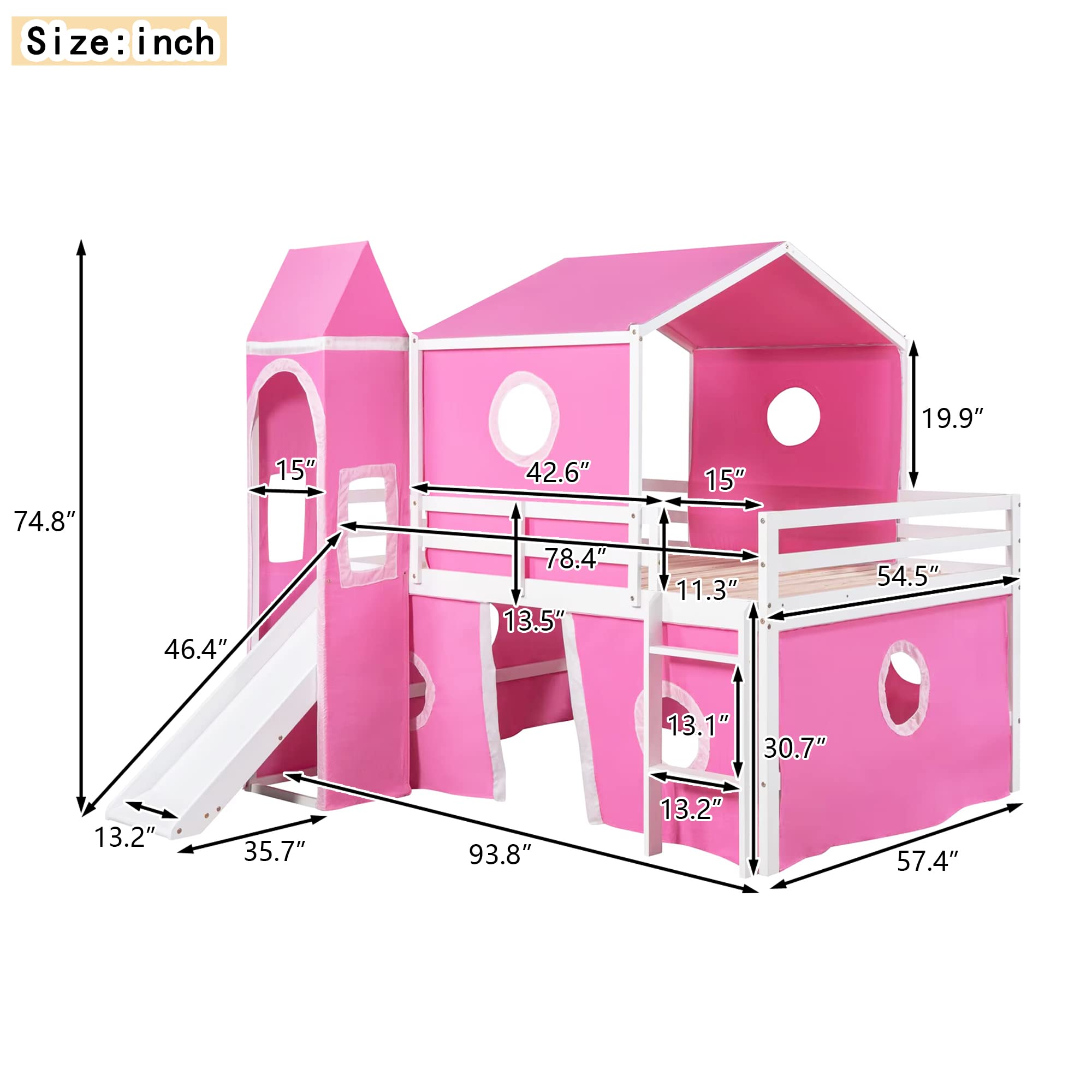 Merax Full Over Full House Bunk Bed, Kids Playhouse Bed, Solid Wood bunk Bed Frame with Slide Pink Tent and Tower, for Girls and Boys, Pink