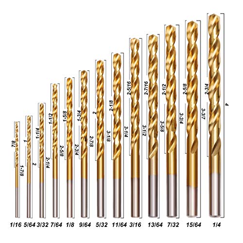 KIK Drill Bit Set- 13Pcs Titanium Coating High Speed Steel Twist Jobber Length for Wood Plastic Aluminum Alloy with Indexed Storage Case, 1/16"-1/4"