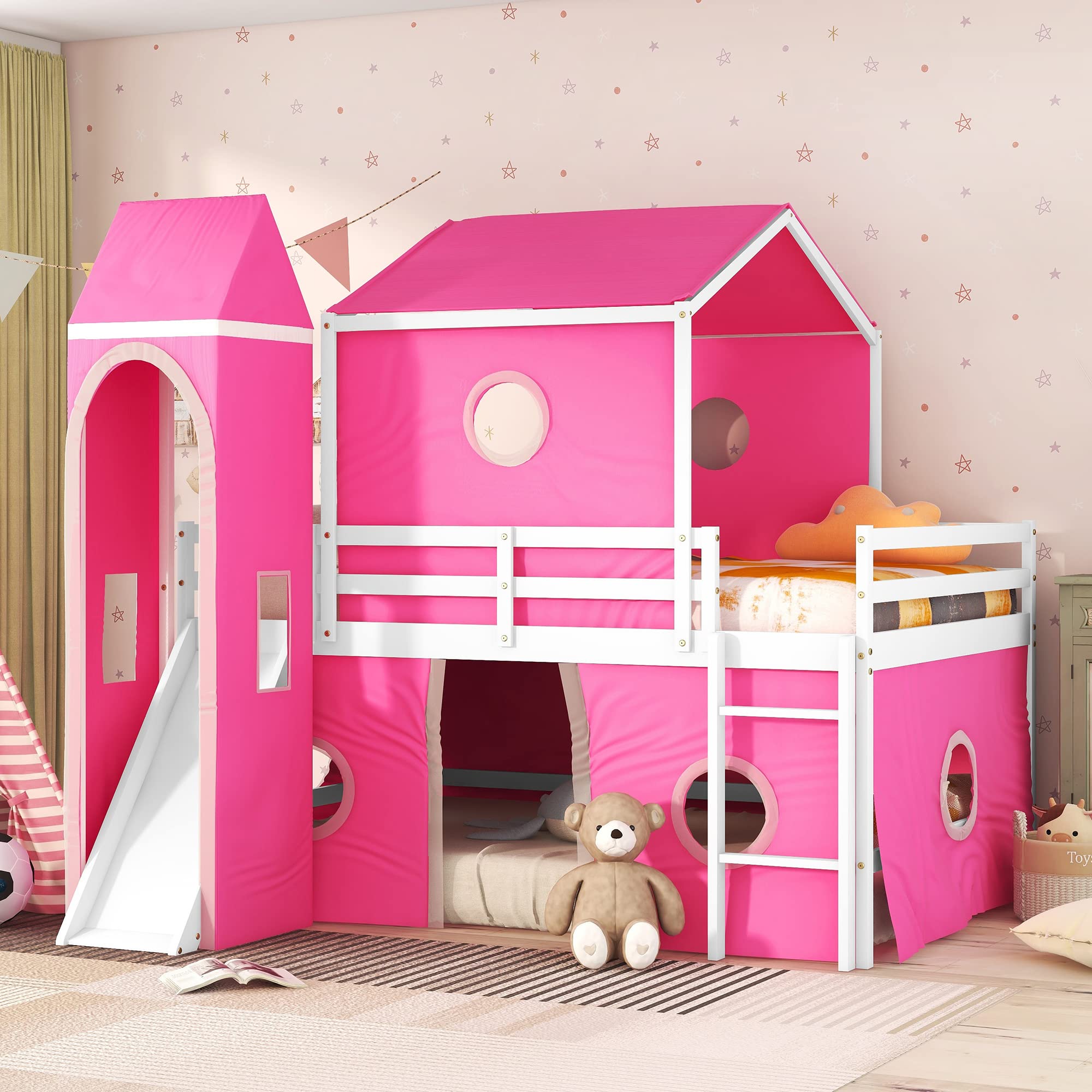 Merax Full Over Full House Bunk Bed, Kids Playhouse Bed, Solid Wood bunk Bed Frame with Slide Pink Tent and Tower, for Girls and Boys, Pink