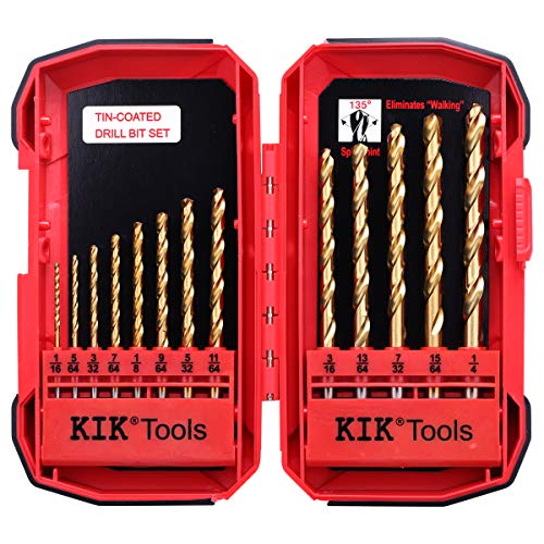 KIK Drill Bit Set- 13Pcs Titanium Coating High Speed Steel Twist Jobber Length for Wood Plastic Aluminum Alloy with Indexed Storage Case, 1/16"-1/4"