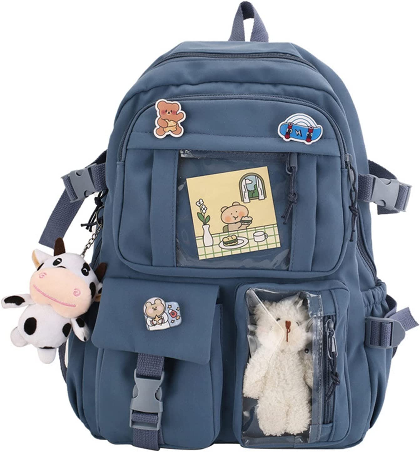 Yoaujeo Kawaii Backpack Lovely Pastel Rucksack for Teen Girls, Cute Aesthetic Bookbag for School with Kawaii Pin and Accessories (Blue)