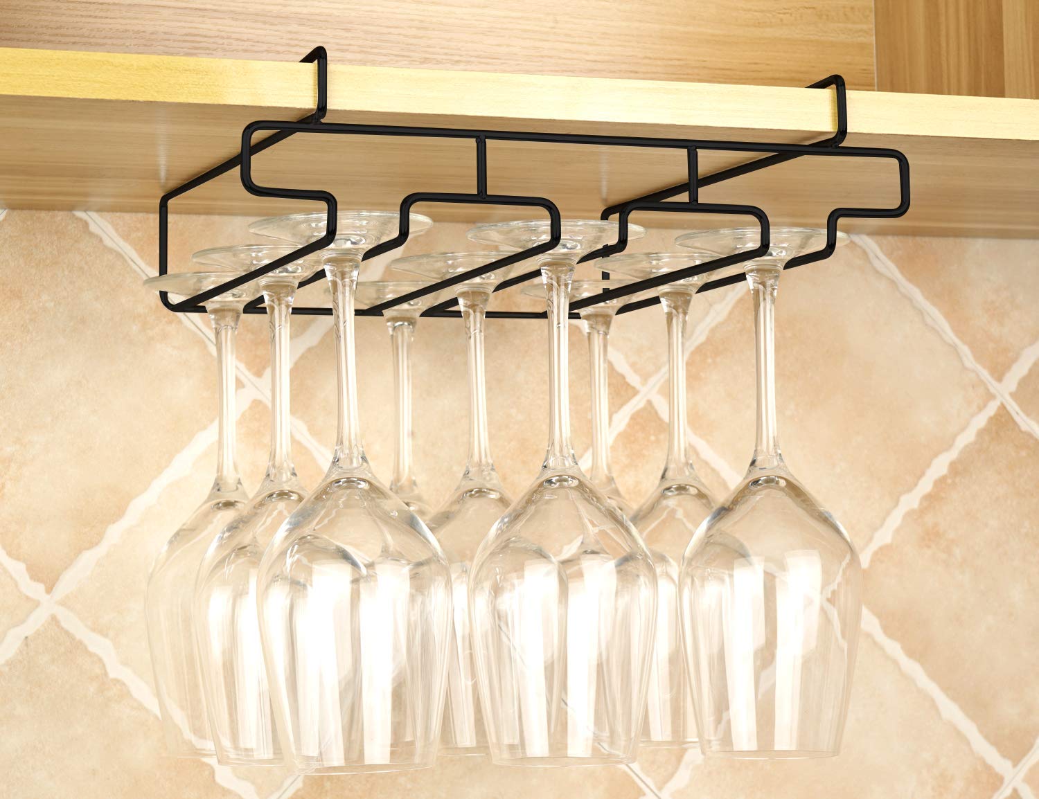 Bafvt Wine Glass Holder - Stemware Rack Under Cabinet - 304 Stainless Steel Hanger Storage Shelf, Fit for The Cabinet 0.8“ or Less (black, 3 Rows)
