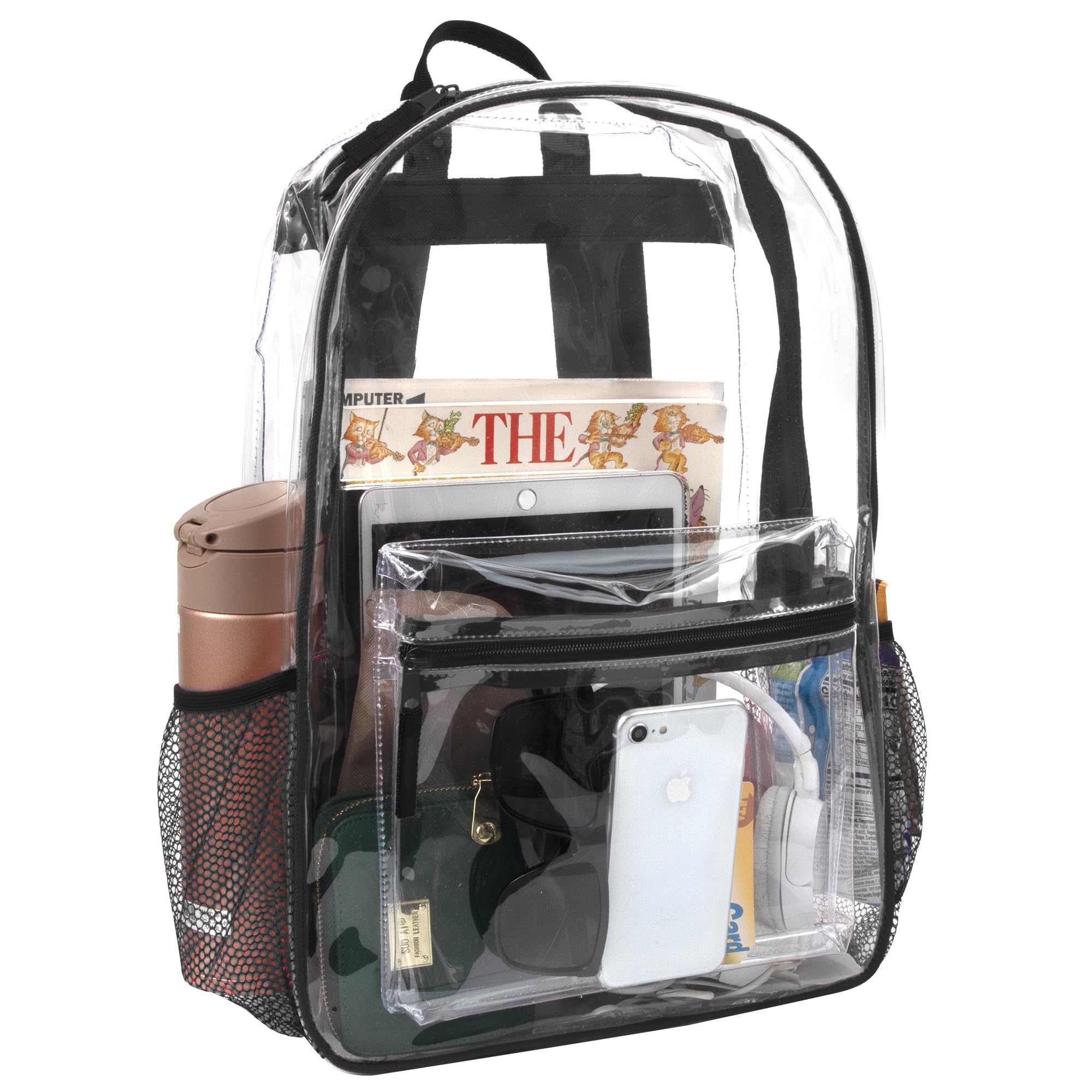Trail maker Clear Backpack With Reinforced Straps & Front Accessory Pocket - Perfect for School, Security, & Sporting Events (Black) Medium