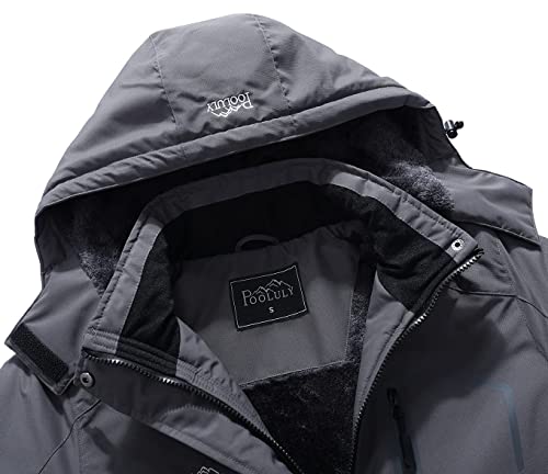 Pooluly Women's Ski Jacket Warm Winter Waterproof Windbreaker Hooded Raincoat Snowboarding Jackets Dark Gray-L