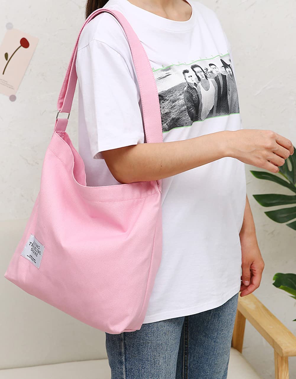 Covelin Women's Retro Large Size Canvas Shoulder Bag Hobo Crossbody Handbag Casual Tote Pink