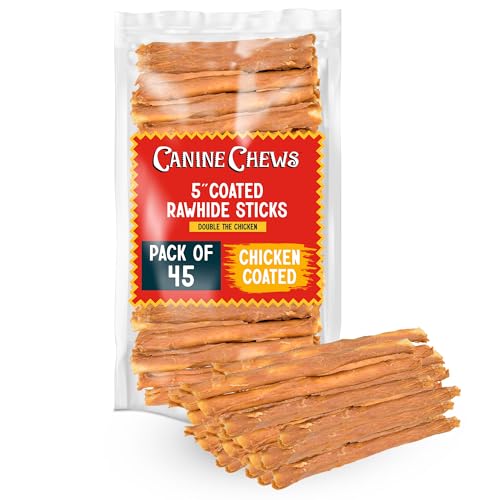 Canine Chews 5" Double Chicken Coated Dog Chew Sticks - 100% USA Chicken Coated Chew Sticks for Dogs - Dog Chicken Treats Rawhide Bones for Small Dogs & Medium Dogs - Chicken Wrapped Dog Treats (45pk)