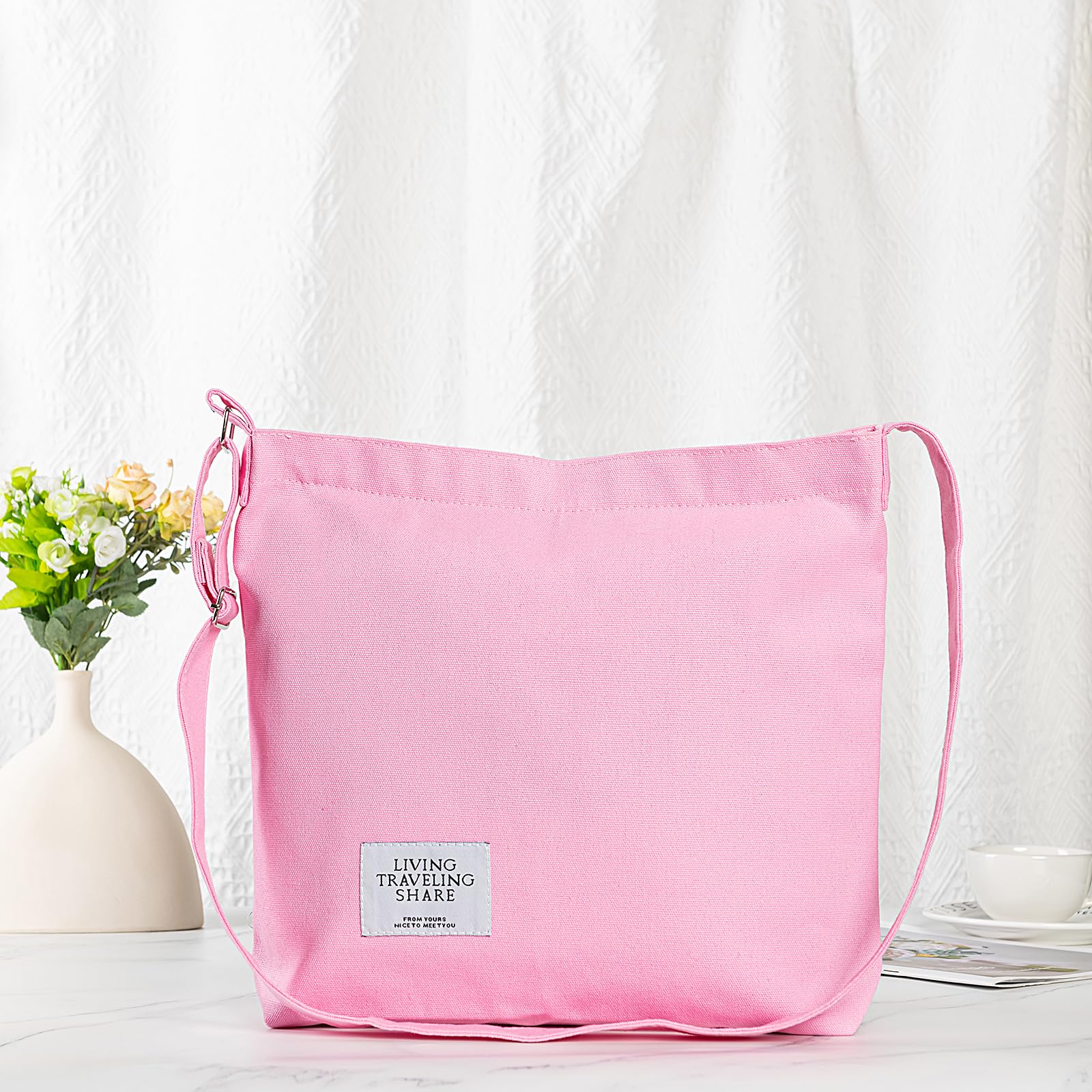 Covelin Women's Retro Large Size Canvas Shoulder Bag Hobo Crossbody Handbag Casual Tote Pink