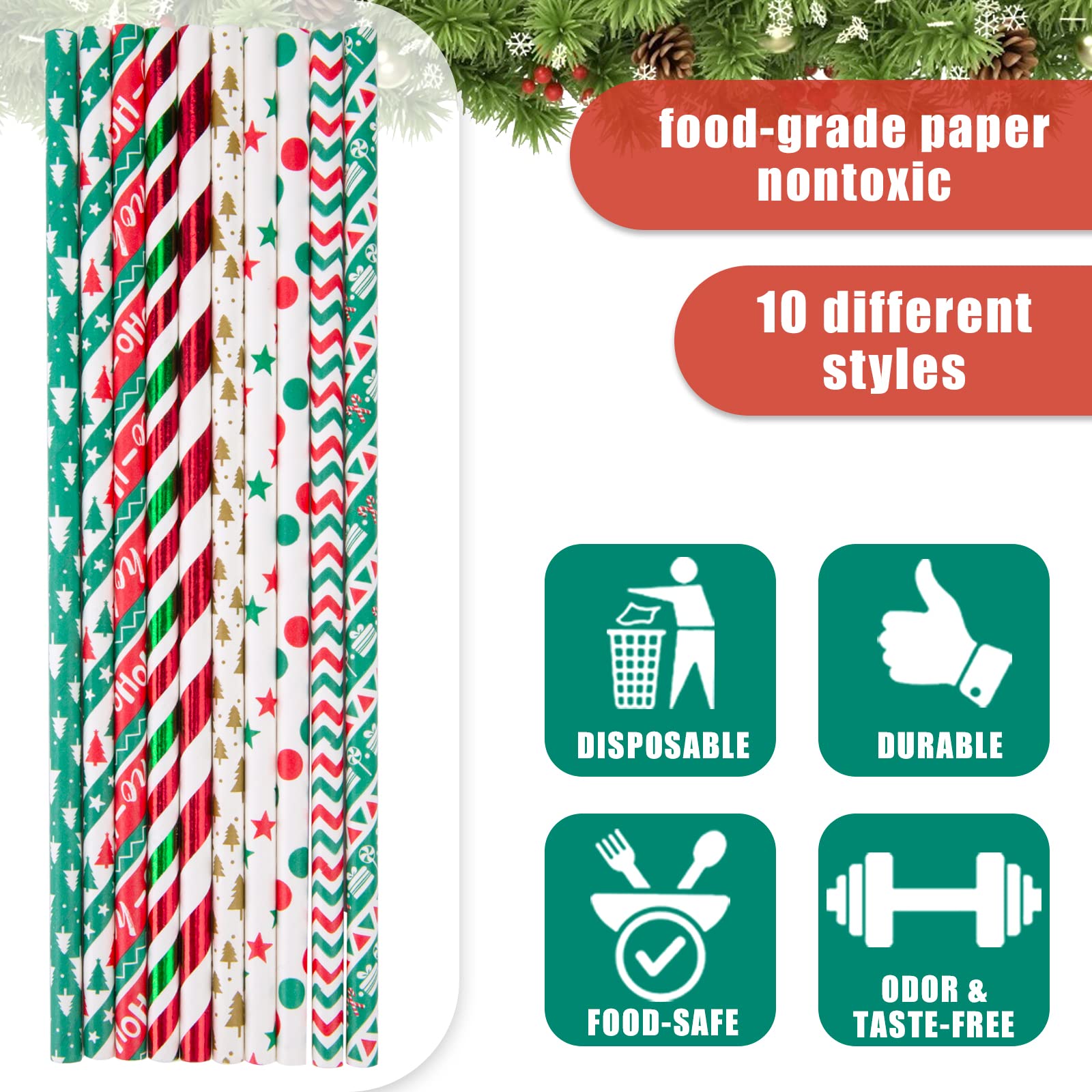 HANSGO Christmas Paper Straws, 180PCS Christmas Drinking Straws Striped Decorative Straws Bulk for New Year Christmas Party Company Annual Meeting Drinking