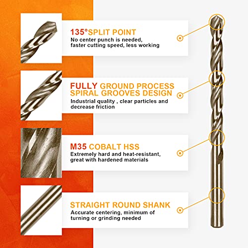 AugTouf Cobalt Drill Bit Set (13 pcs), M35 HSS Metal Drill Bits for Steel, Stainless Steel, Metal and Cast Iron,1/16"-1/4"