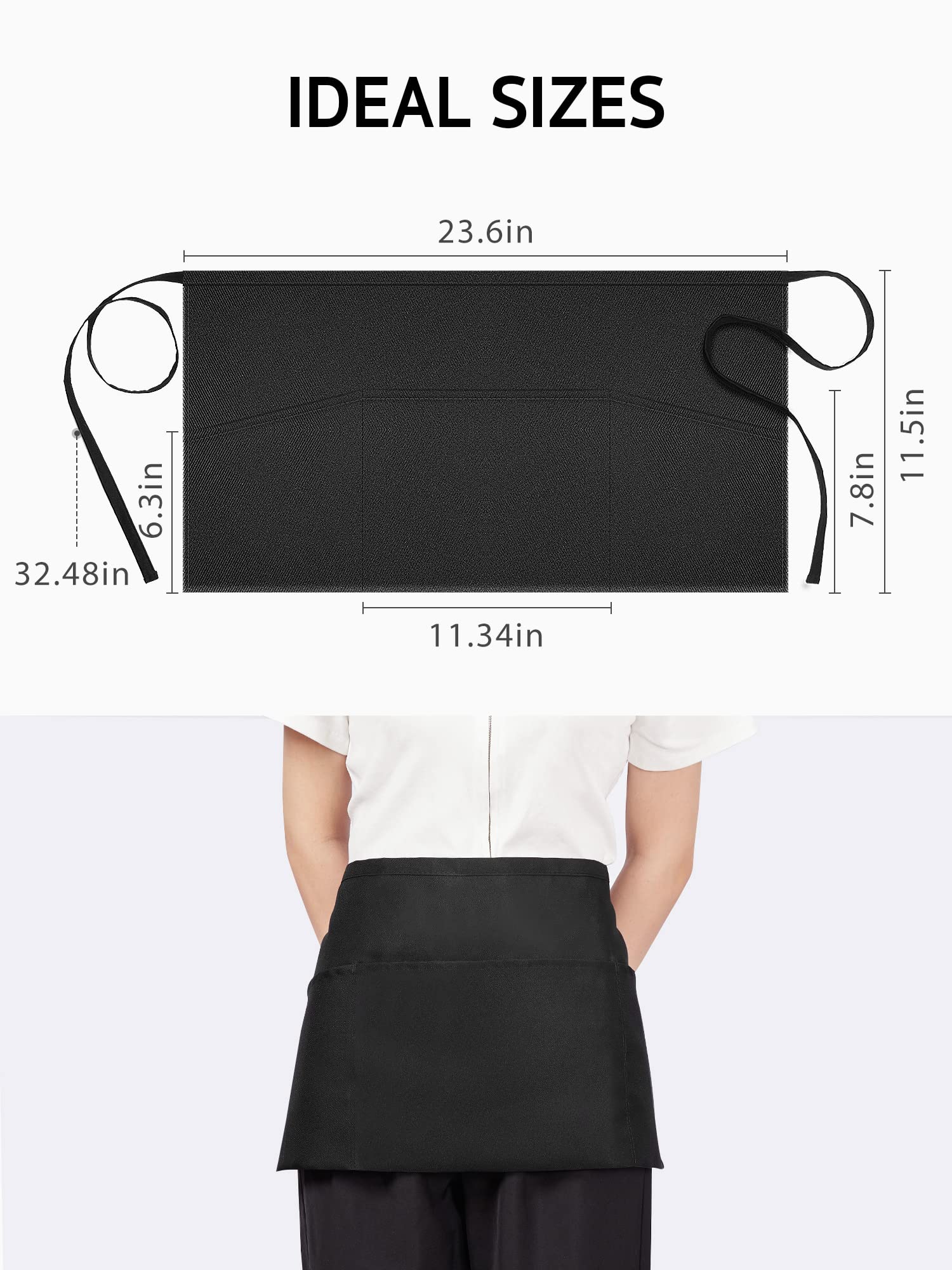 Syntus 2 Pack Server Apron with 3 Pockets, Waterdrop Resistant Waitress Waiter Waist Apron, 11.5-inch Black