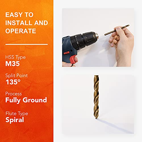 AugTouf Cobalt Drill Bit Set (13 pcs), M35 HSS Metal Drill Bits for Steel, Stainless Steel, Metal and Cast Iron,1/16"-1/4"
