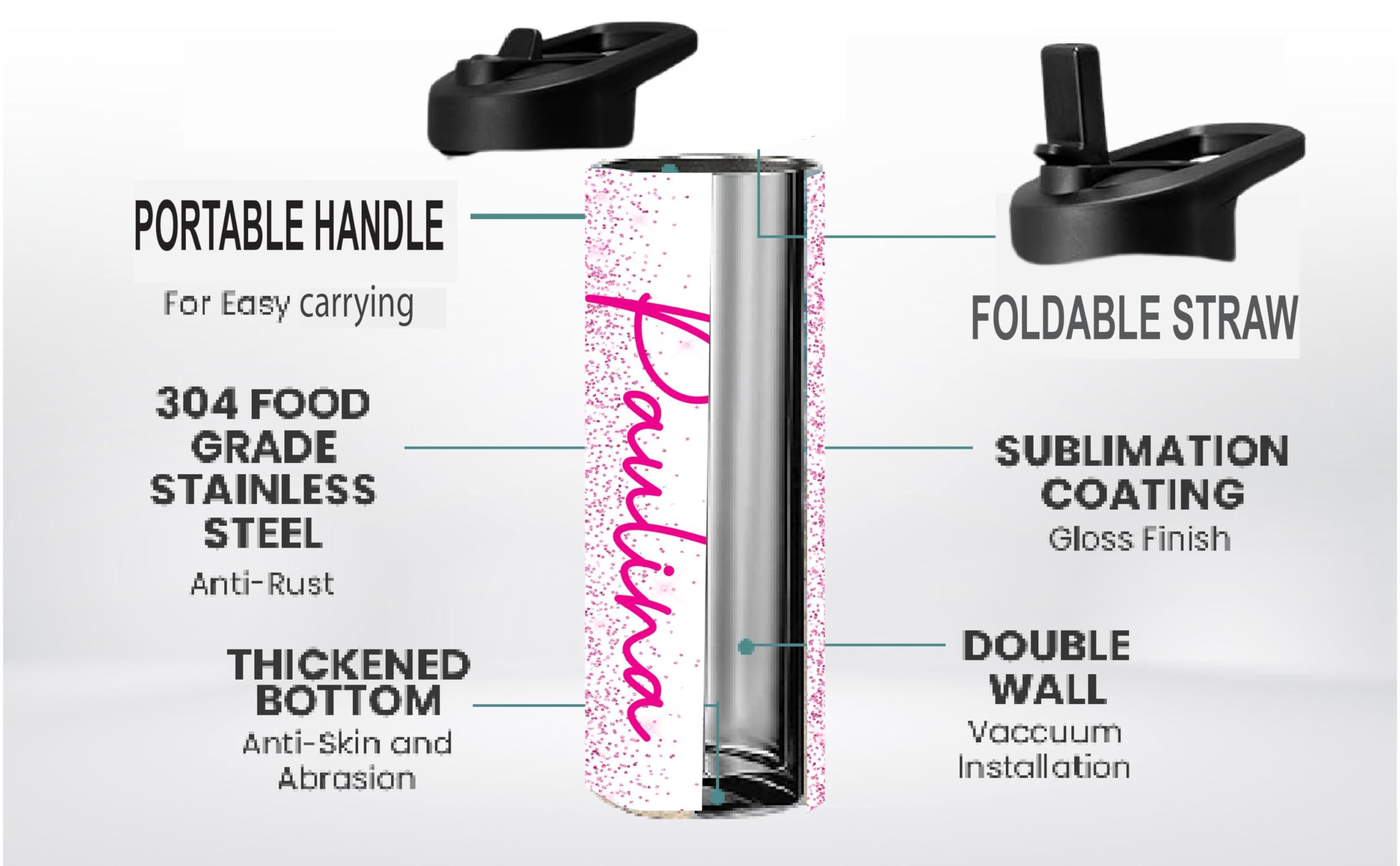 Personalized Flip Top 25oz Gym & Camp Water Bottle - 750ml Pink Glitter Effect with Name - Custom Sports Bottle