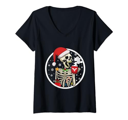 Skeleton Drinking Chocolate Winter December Christmas V-Neck T-Shirt