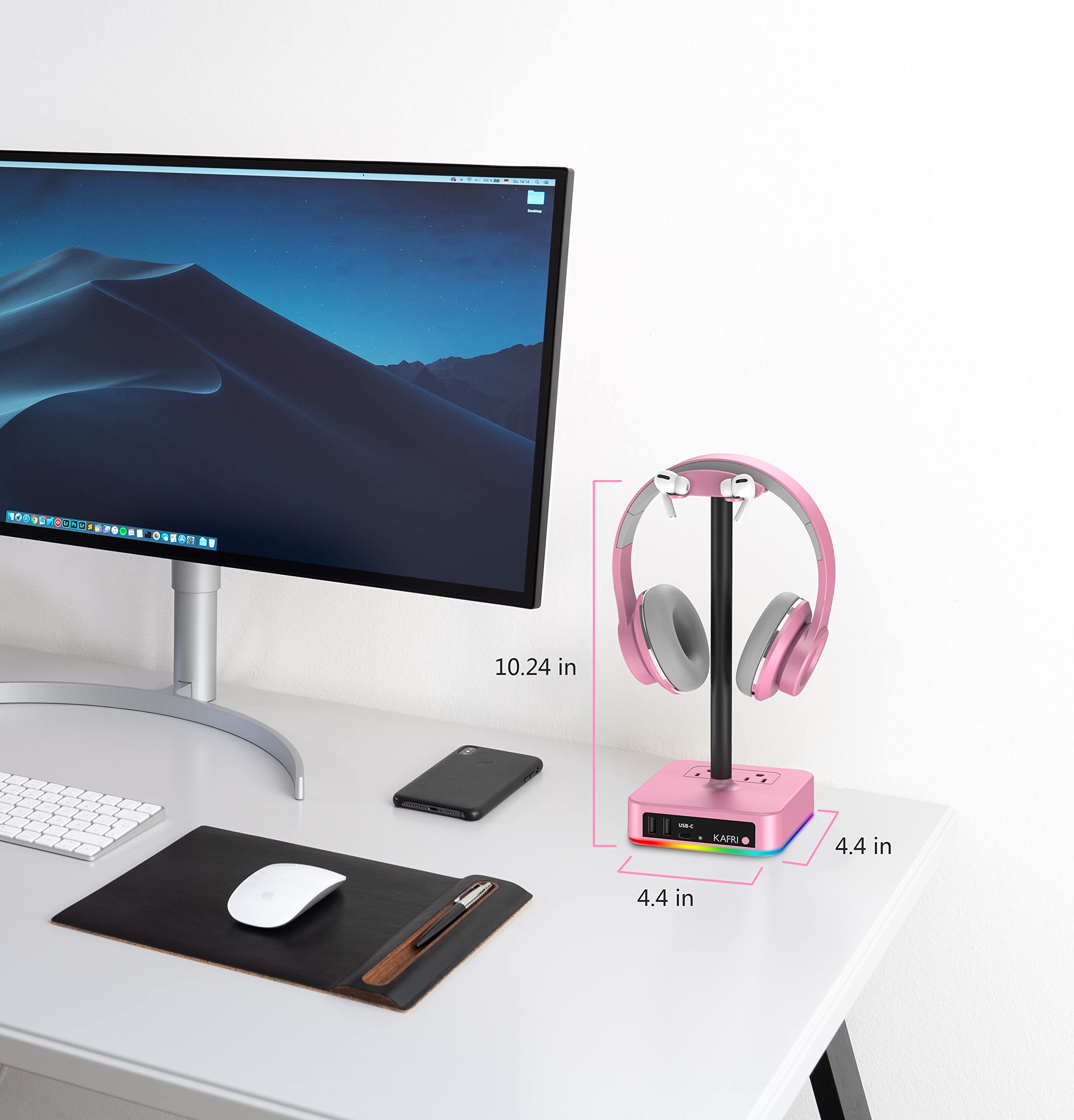 KAFRI RGB Headphone Stand with USB Charger Desk Gaming Headset Holder Hanger Rack with 3 USB Charging Port and 2 Outlet - Suitable for Gamer Desktop Table Game Earphone Accessories Girlfriend Gift