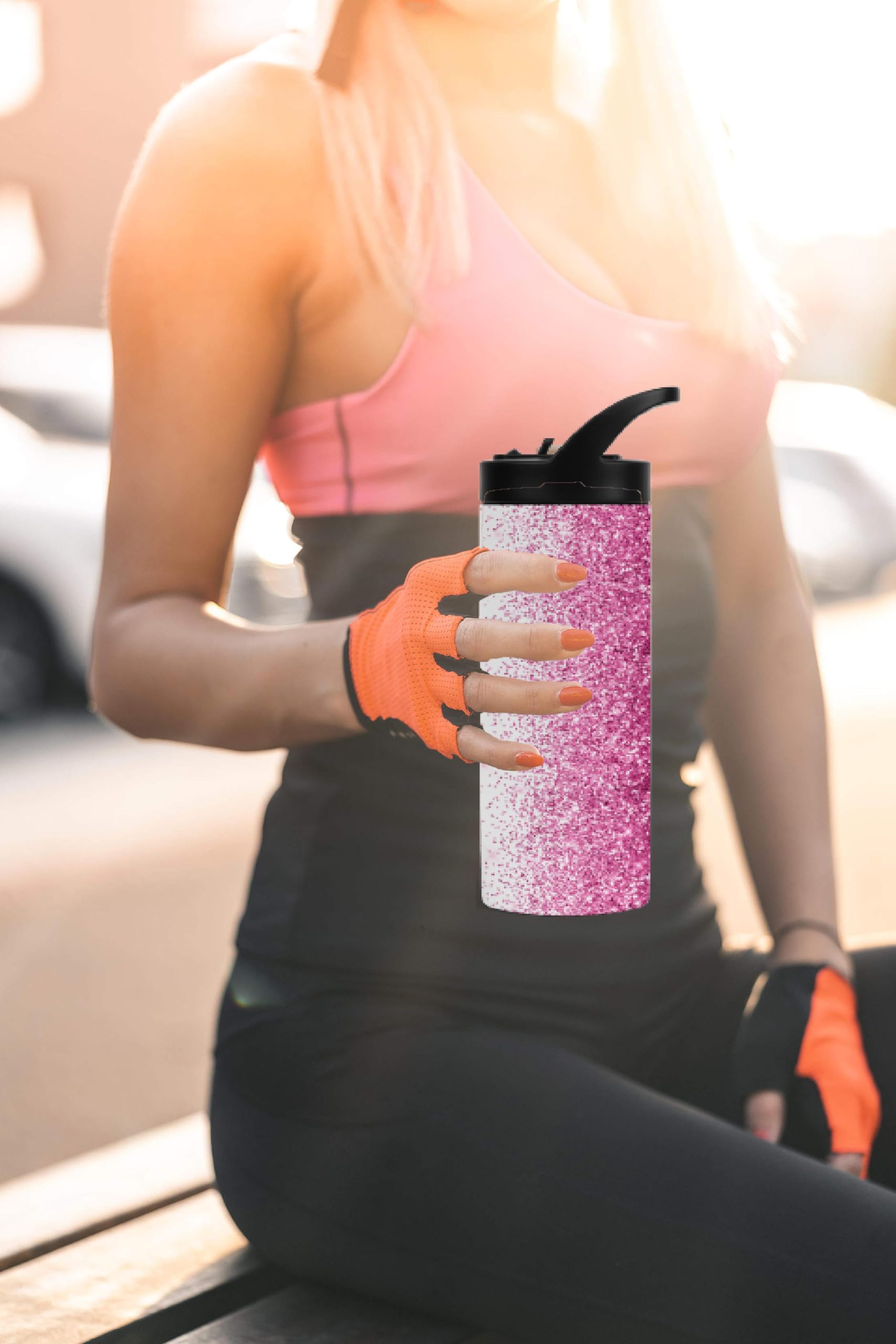 Personalized Flip Top 25oz Gym & Camp Water Bottle - 750ml Pink Glitter Effect with Name - Custom Sports Bottle