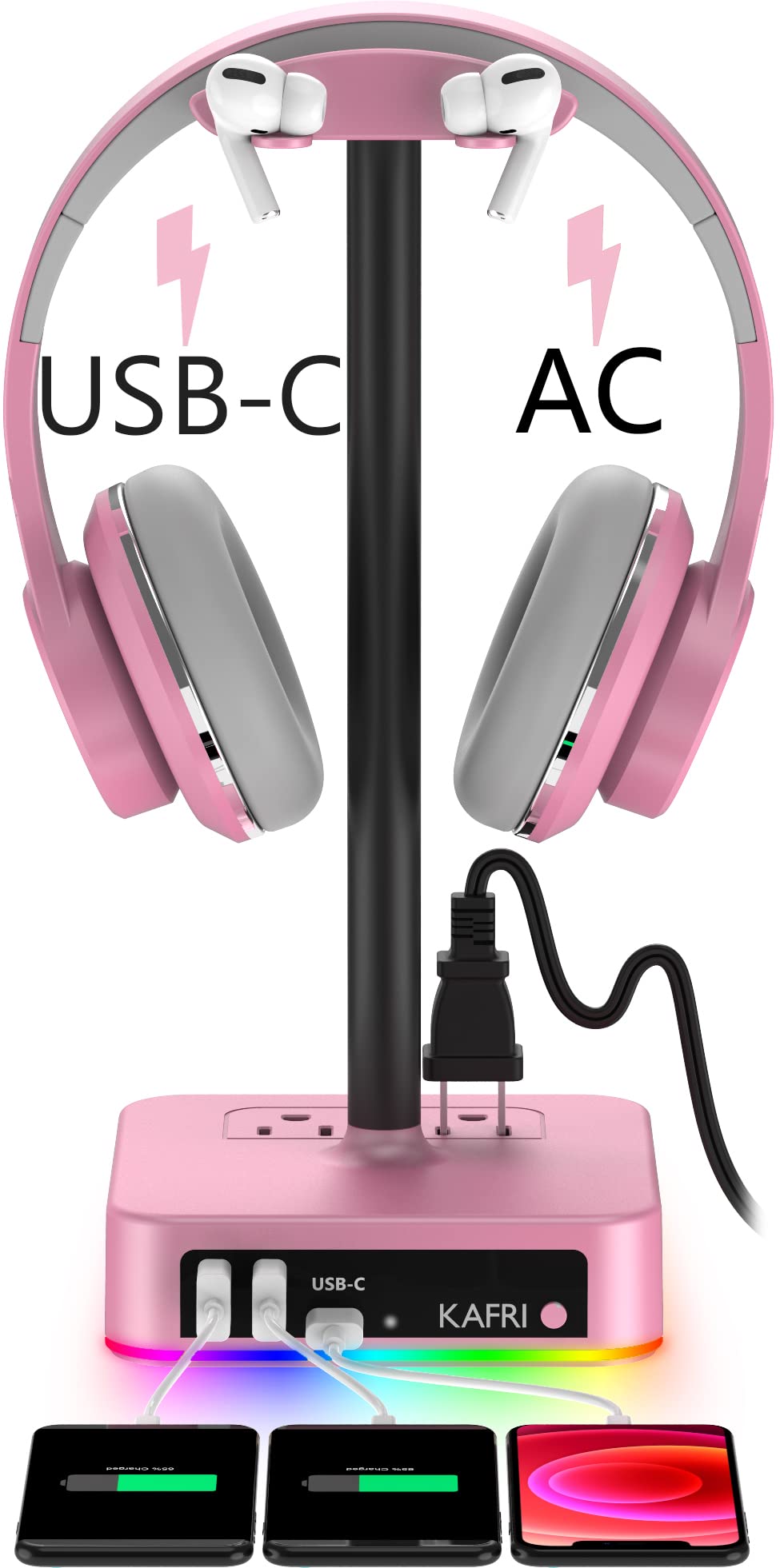 KAFRI RGB Headphone Stand with USB Charger Desk Gaming Headset Holder Hanger Rack with 3 USB Charging Port and 2 Outlet - Suitable for Gamer Desktop Table Game Earphone Accessories Girlfriend Gift