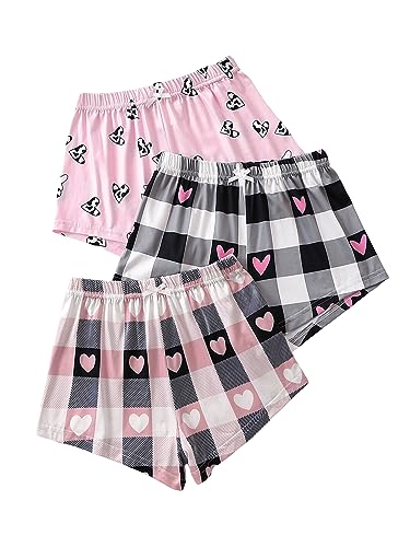Verdusa Girl's Plaid Print Elastic Waist Casual Shorts Plaid Heart Multi 150